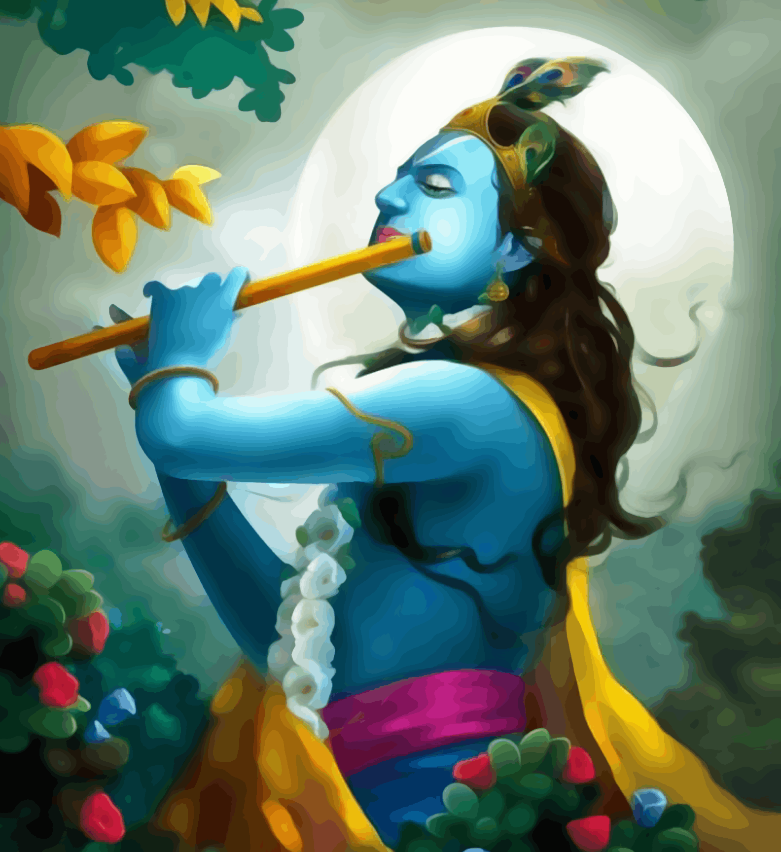 Shree Krishna playing flute under moonlight - Janmasthami – PaintWaint